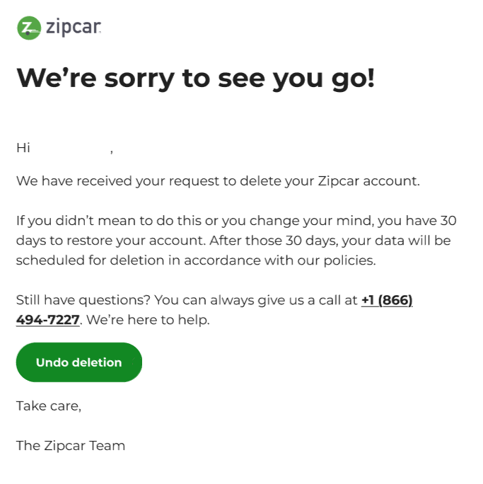 How do I undo my account deletion request? – Zipcar